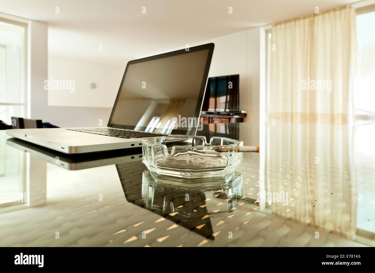 interior house, laptop on the glass table Stock Photo - Alamy