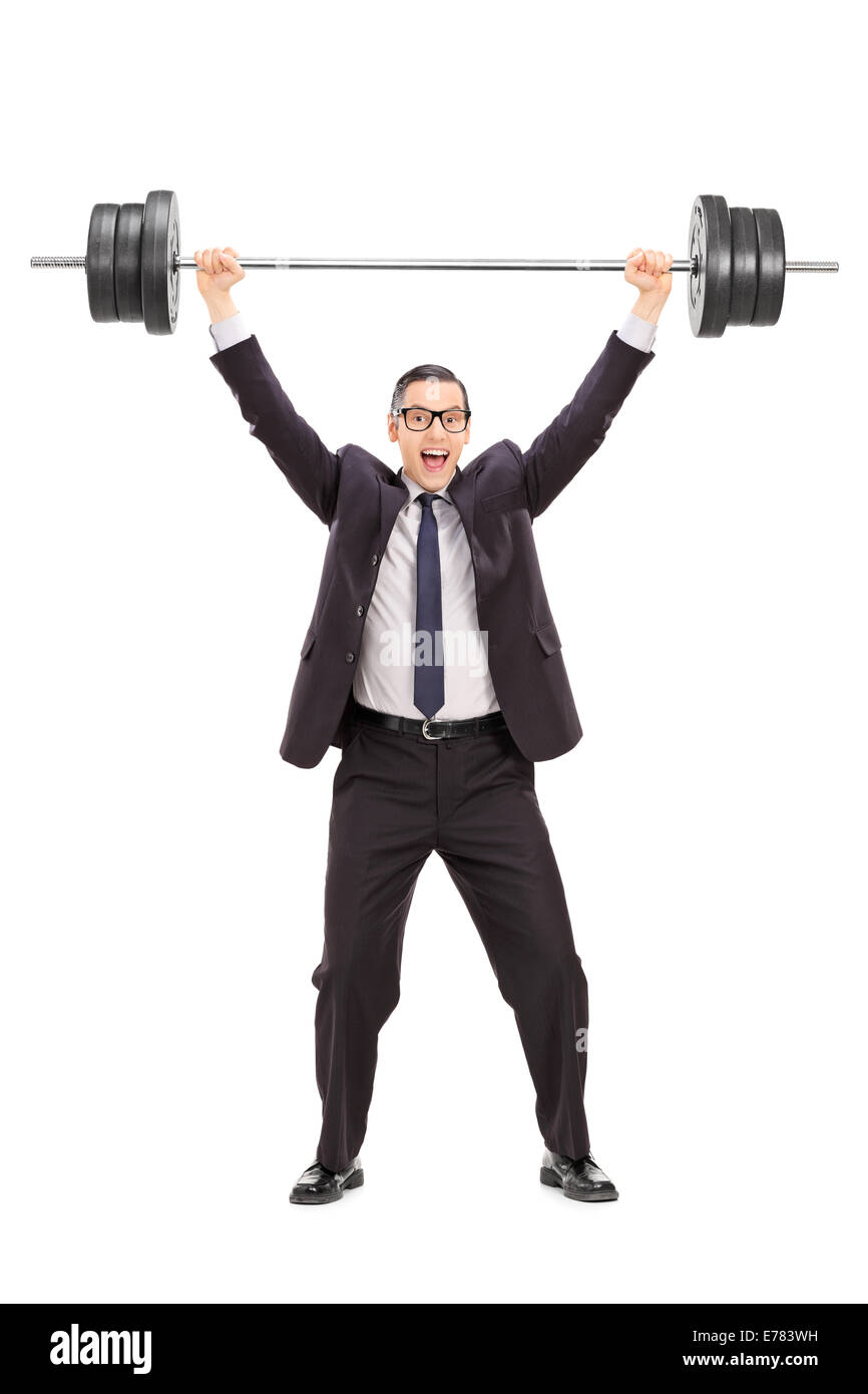 Full length portrait of a strong businessman lifting a heavy weight ...