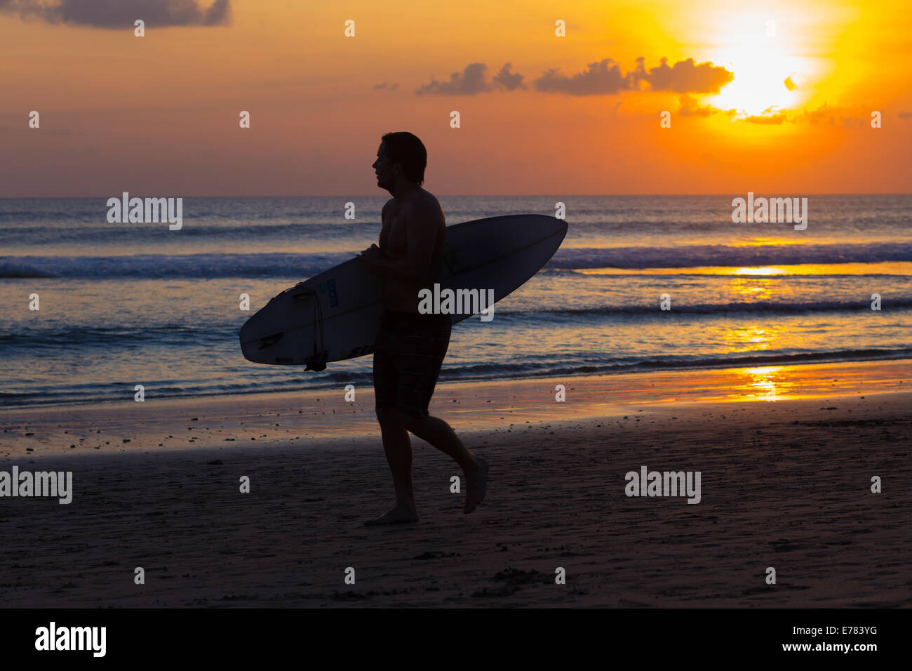 Surfer at sunset time on the beach Stock Photo - Alamy