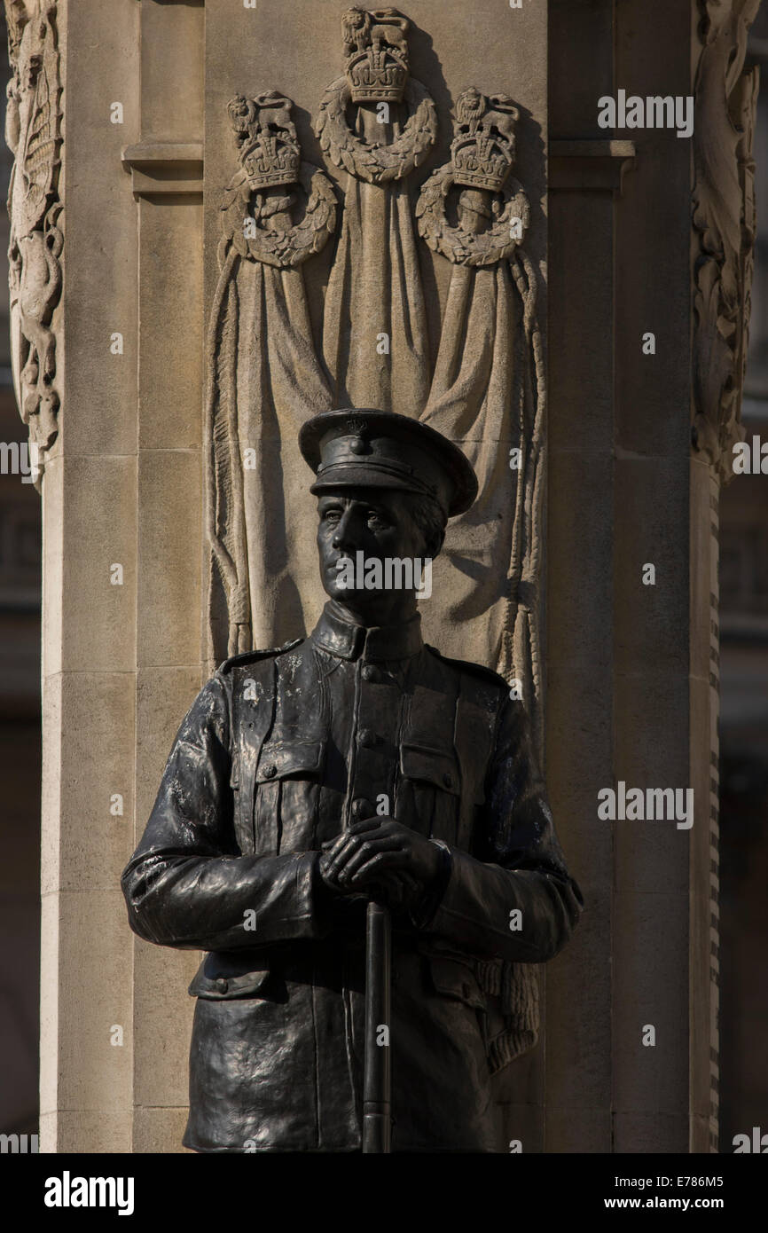 In the 100th year after WW1 started, a detail of a war memorial soldier ...