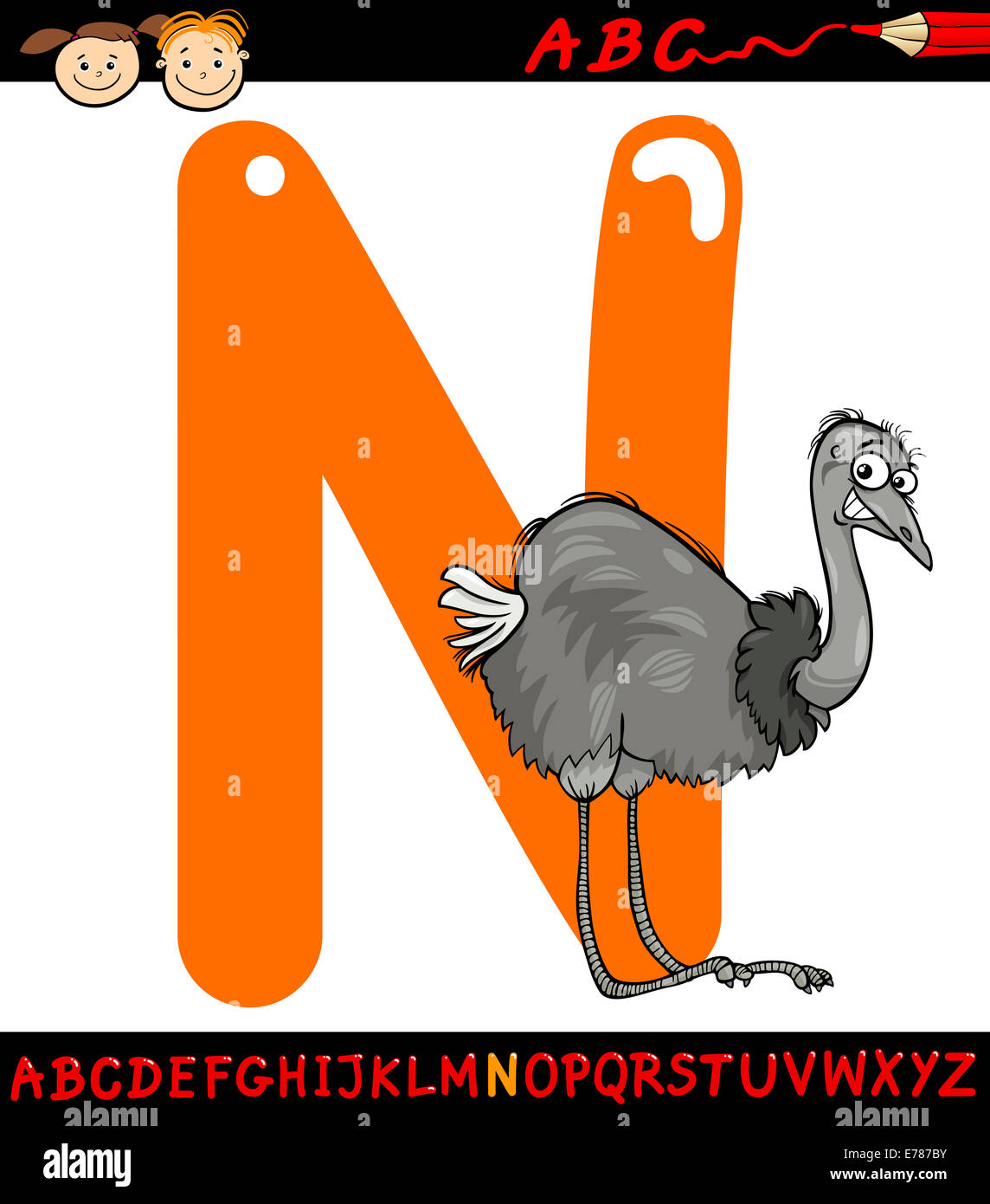 Cartoon Illustration of Capital Letter N from Alphabet with Nandu Bird ...