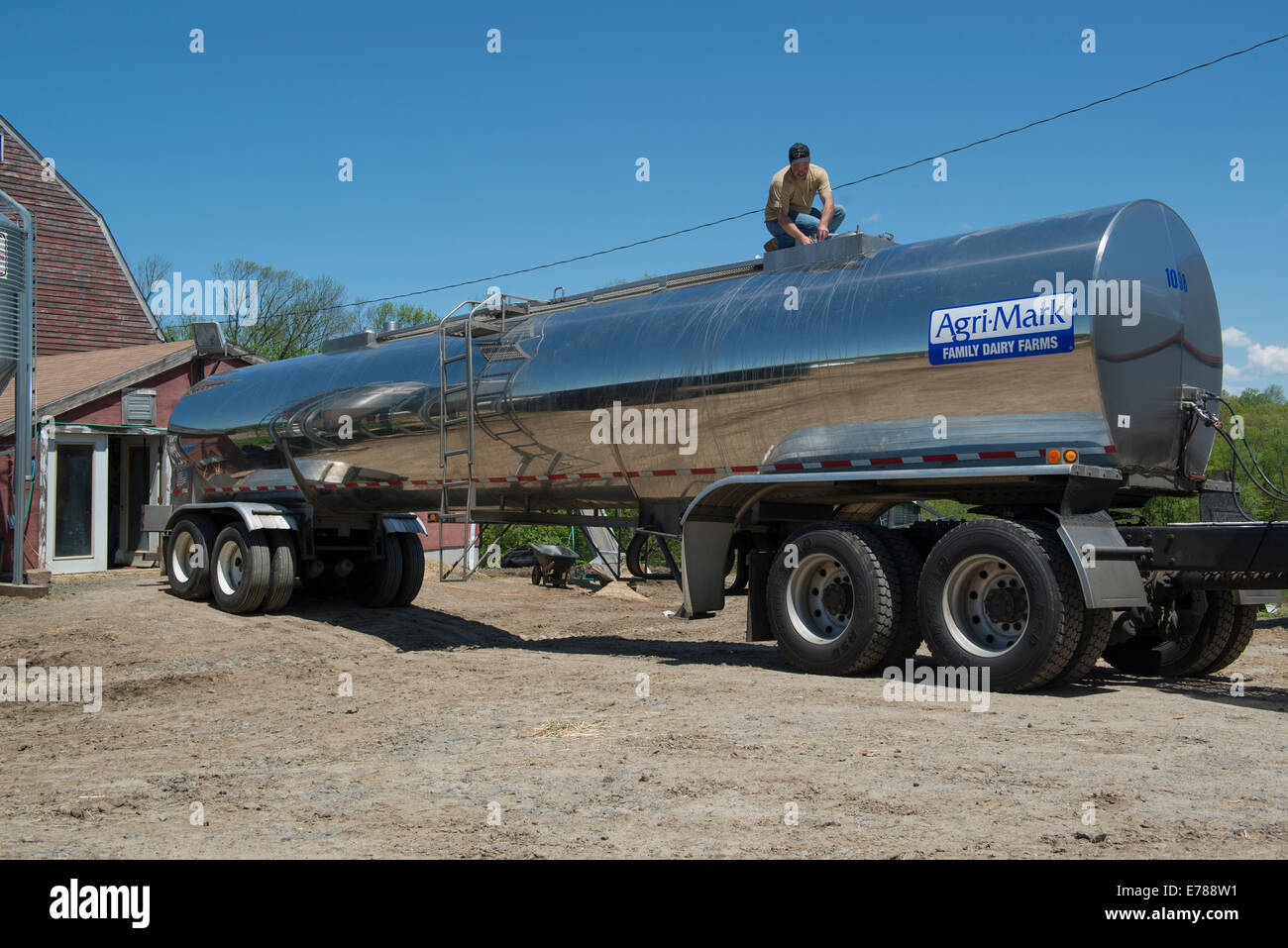 Tank or tanker truck driver takes milk samples for testing at dairy ...