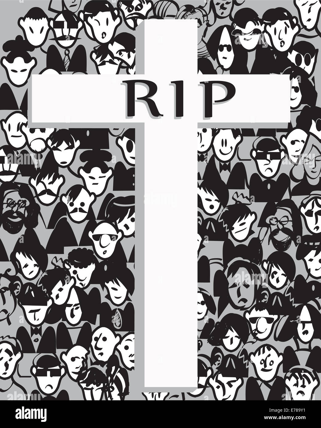 RIP written on a cross over a crowd, hand drawn illustration Stock ...