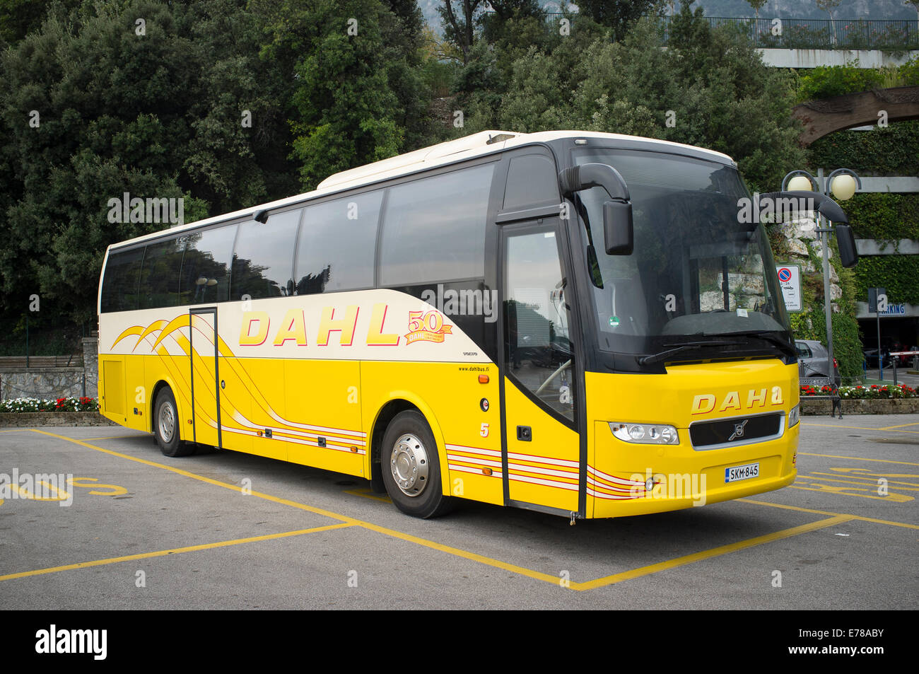 Tourist coach parked in a coach park near Limone, Lake Garda, Italy ...