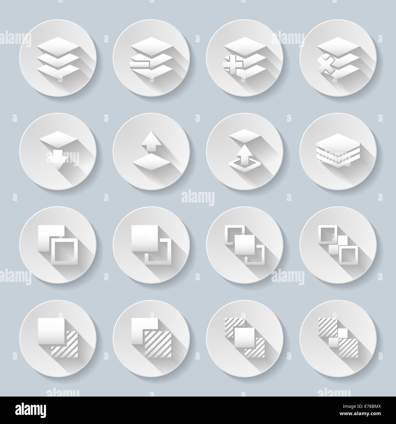 Set of flat round icons with functions for program on gray background ...