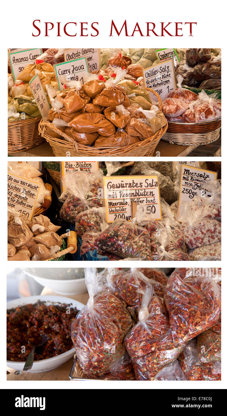 Collage of spices and spice mixtures for gourmets at the market Stock ...