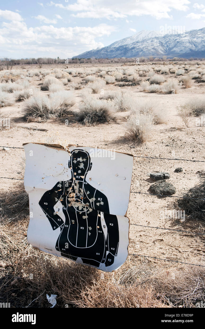 A shooting target full of bullet holes inside the black outline of an ...