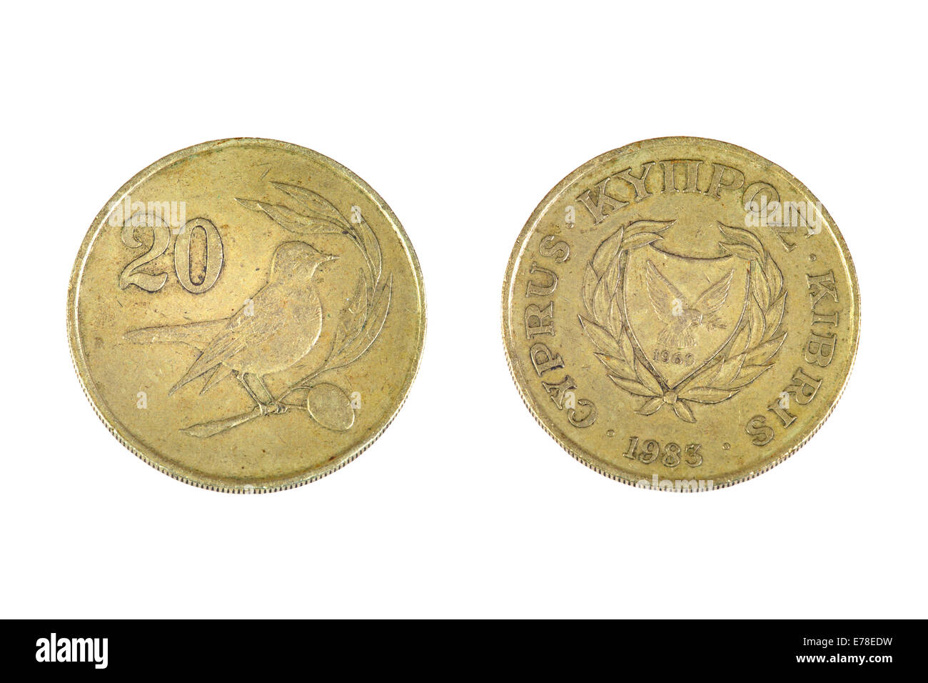 Old shabby 20 cents coin from Cyprus. Obsolete 1/5 part of Cyprus pound ...