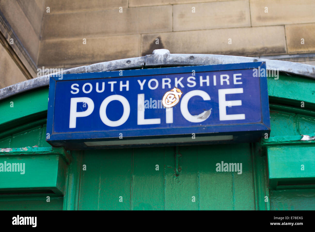 South Yorkshire police sign and logo on old green police box in ...