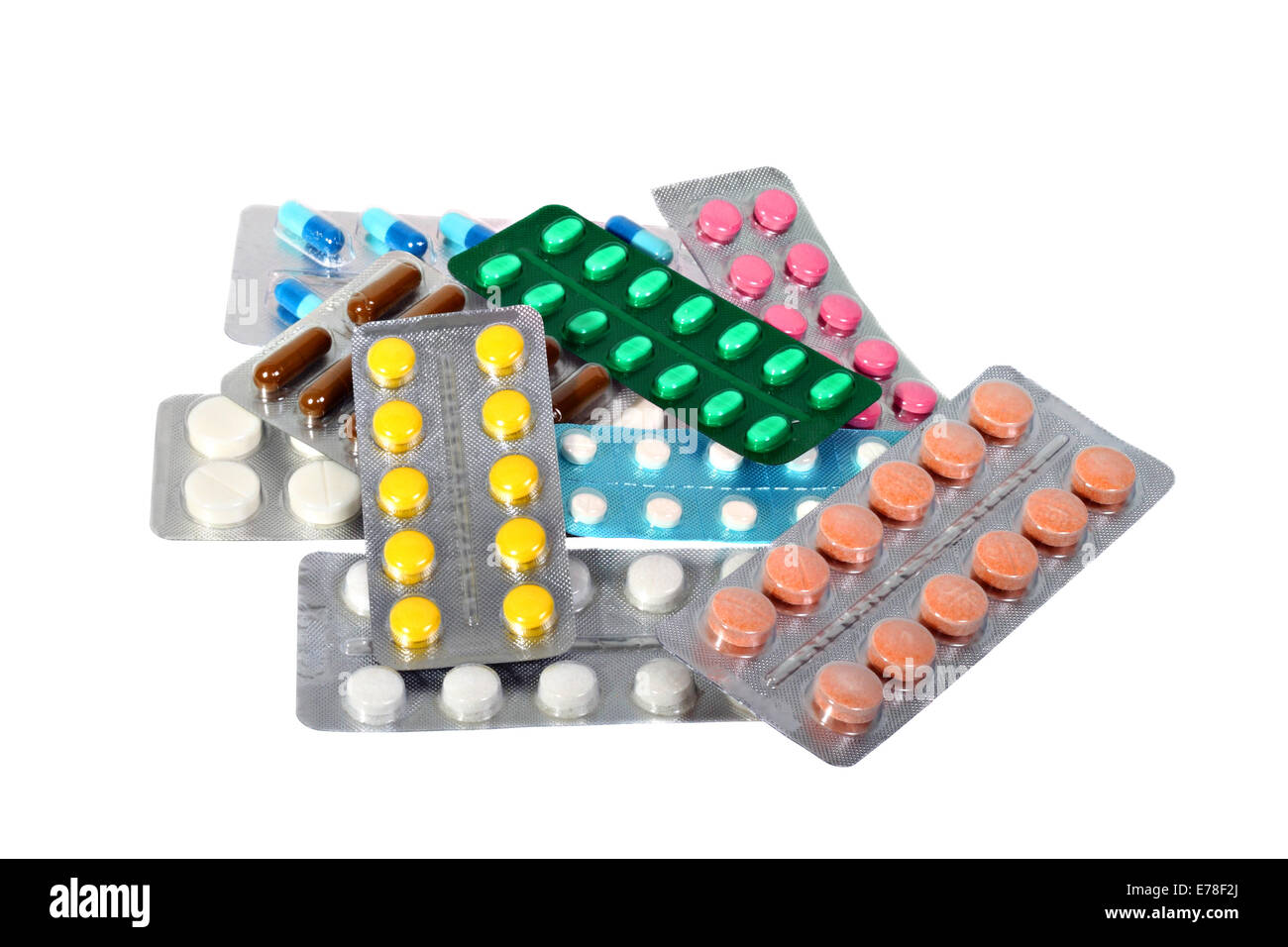 Blister packs of pills in pile isolated on white background Stock Photo ...