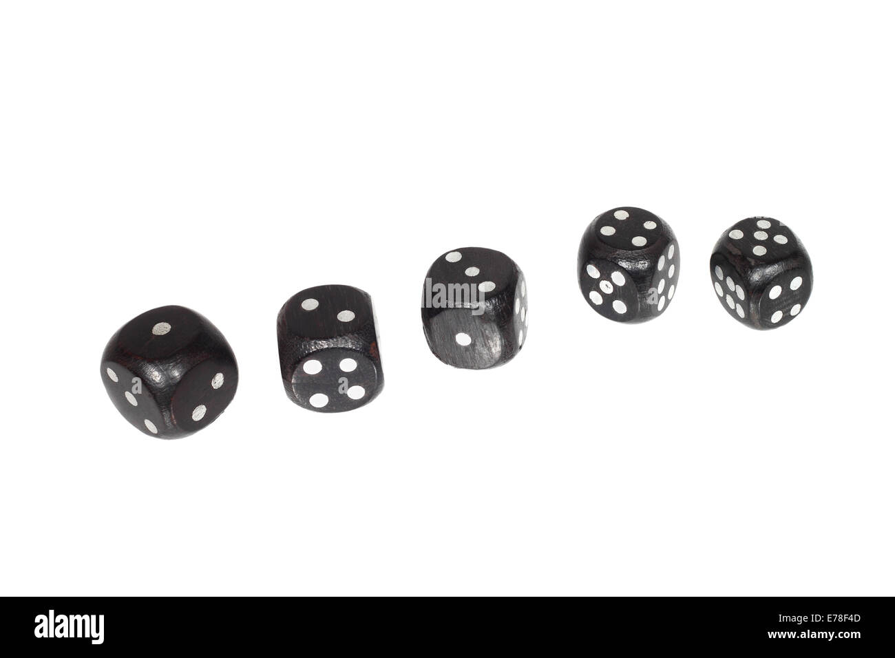 Five dices in straight order from left to right isolated on white ...