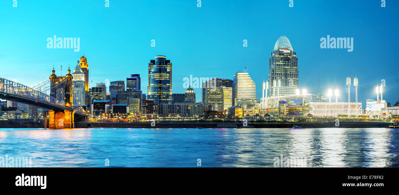 Cincinnati downtown panoramic overview early in the night Stock Photo ...