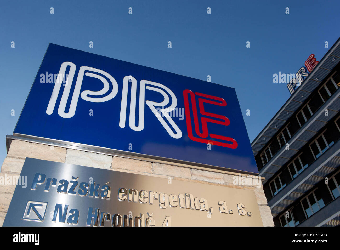 PRE logo Prazska energetika sign headquarter Prague Czech Republic ...