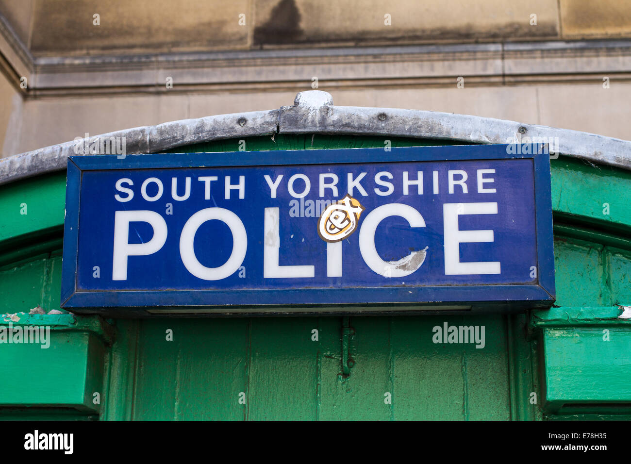South Yorkshire police sign and logo on old green police box in ...