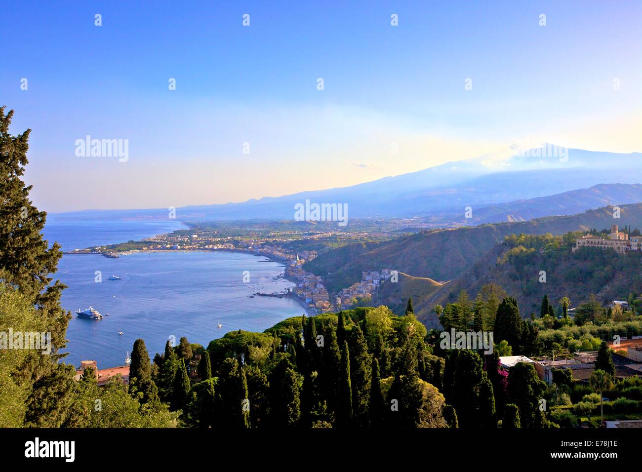 View from Greek Theatre with Mount Etna in Background, Taormina, Sicily ...