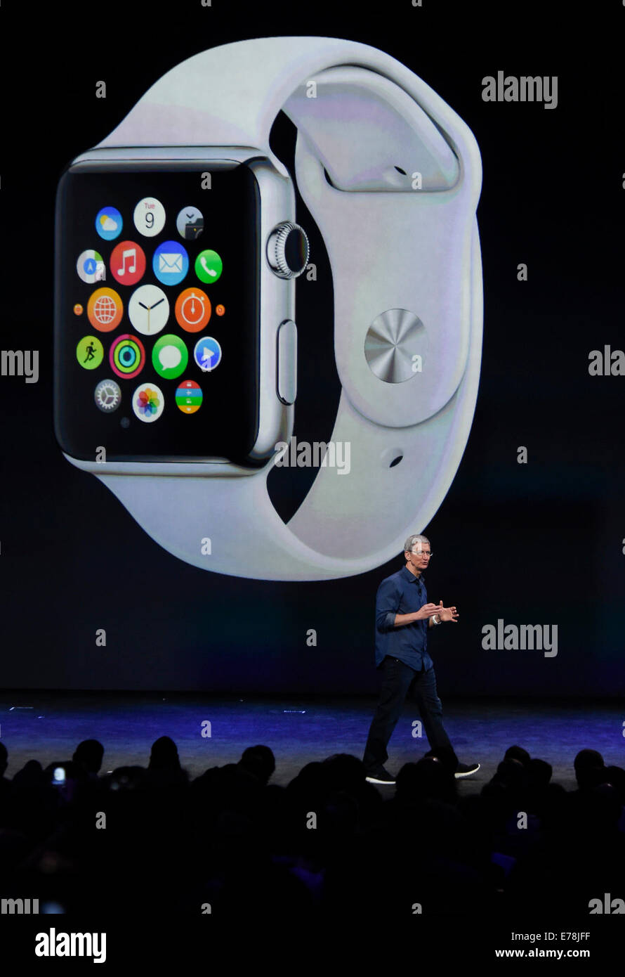 Cupertino. 9th Sep, 2014. Apple CEO Tim Cook introduces the new ...