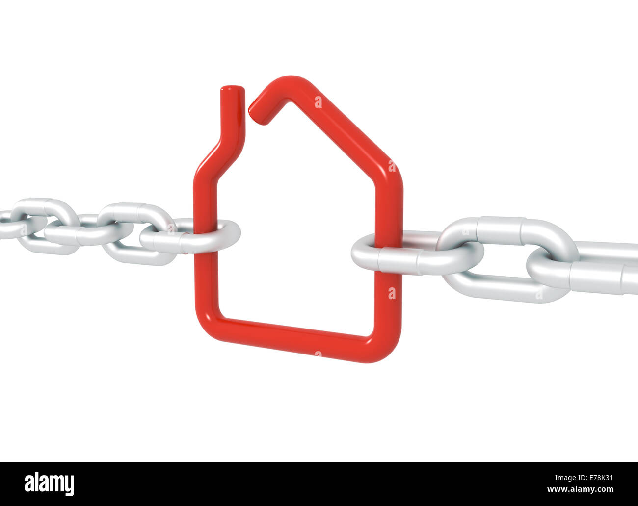 Red house symbol blocked with metal chains - 3d illustration render ...