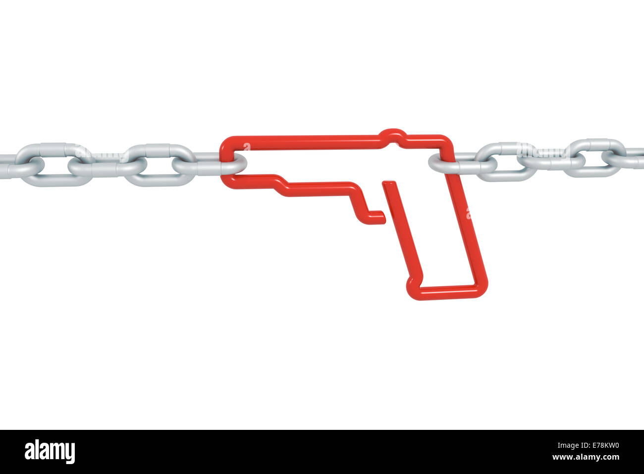 Red gun symbol locked with metal chains - 3d front illustration render ...