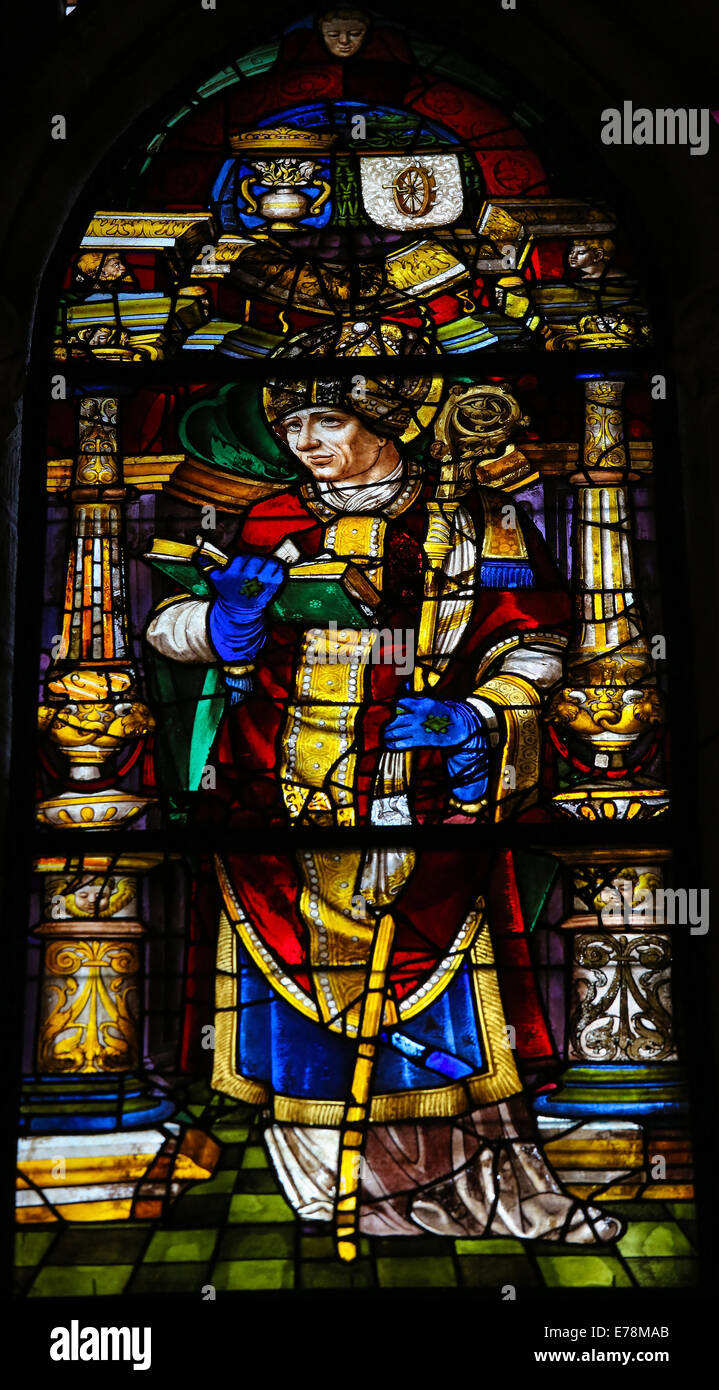 LEON, SPAIN - JULY 17, 2014: Stained glass window depicting a bishop in ...