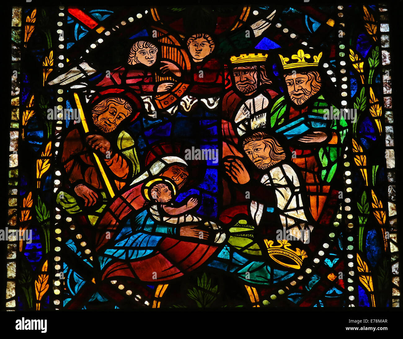 Stained glass window depicting a Nativity Scene with the Three Magi ...