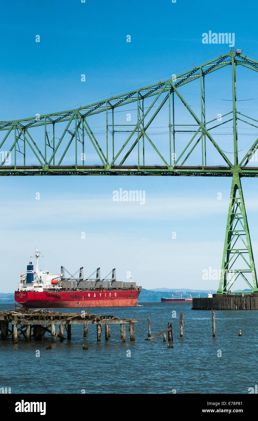 A ship goes up the Columbia River; Astoria, Oregon, United States of ...