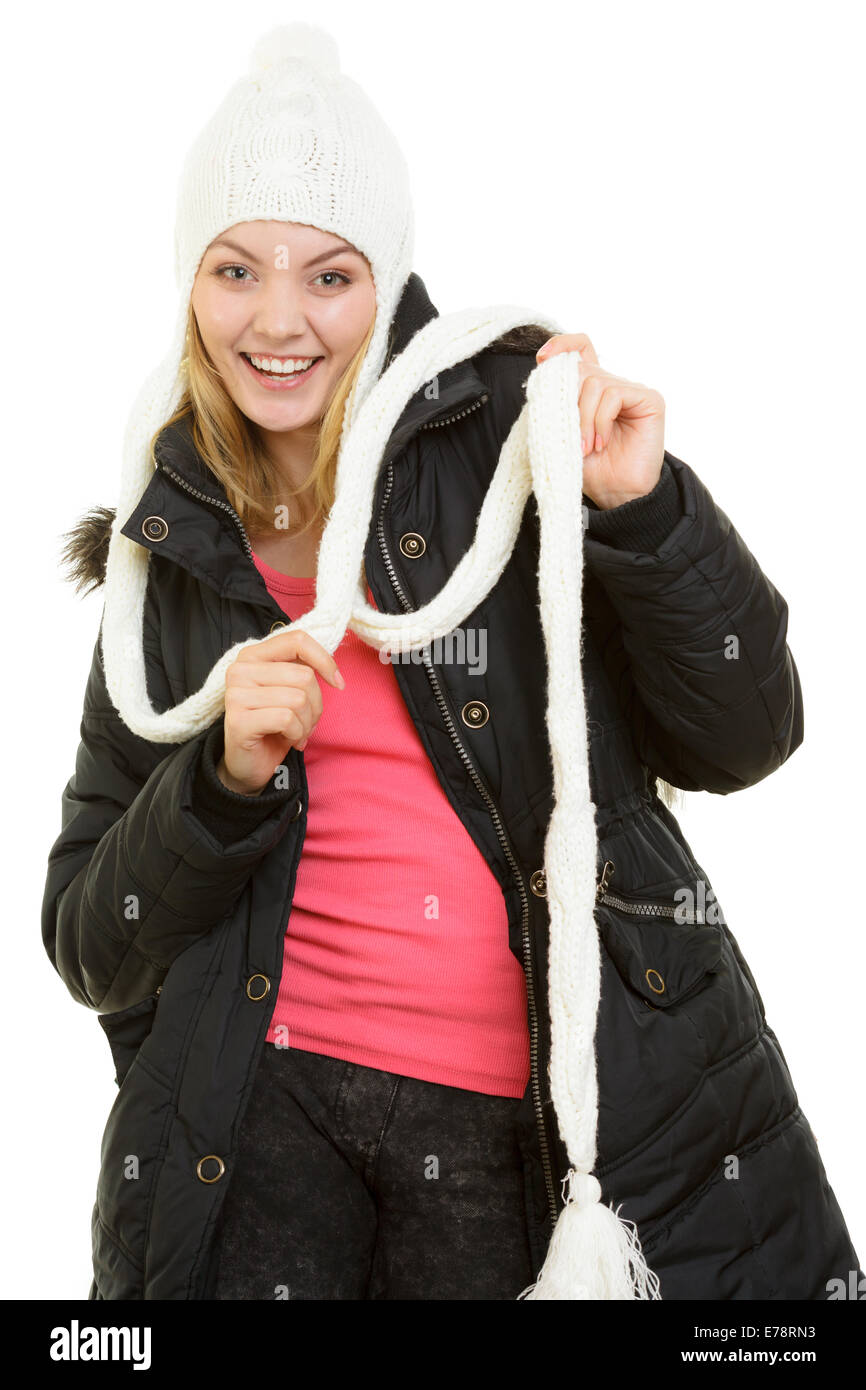 Winter vacation. Cheerful girl in warm clothes Stock Photo - Alamy