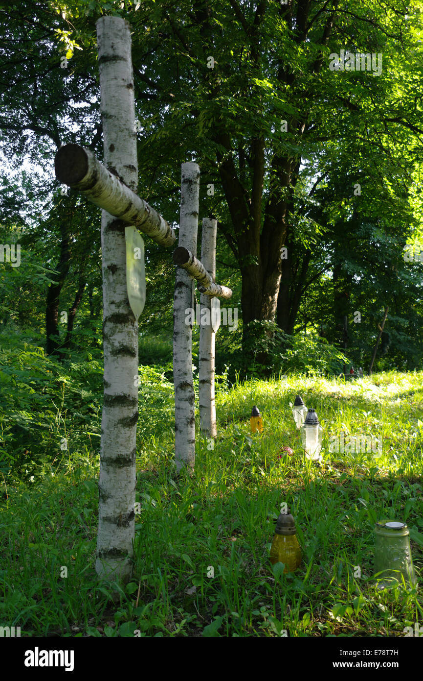 three wooden crosses in a forest Stock Photo - Alamy