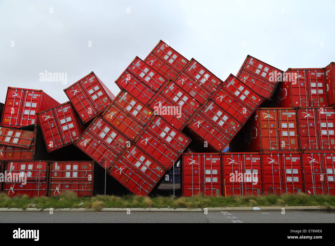 Severe winds toppled these shipping containers at the Port of Fremantle ...