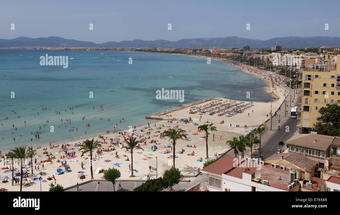 Wide view at El Arenal beach, on the Spanish island of Majorca Stock ...