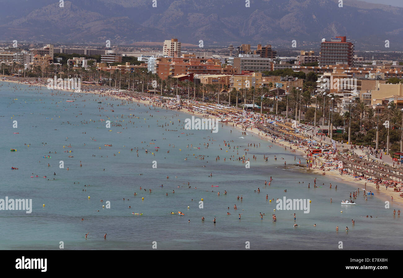 Wide view at El Arenal beach, on the Spanish island of Majorca Stock ...