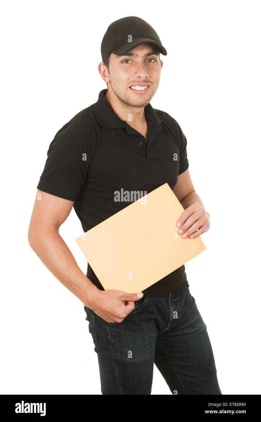 happy friendly confident delivery man holding manila envelope Stock ...