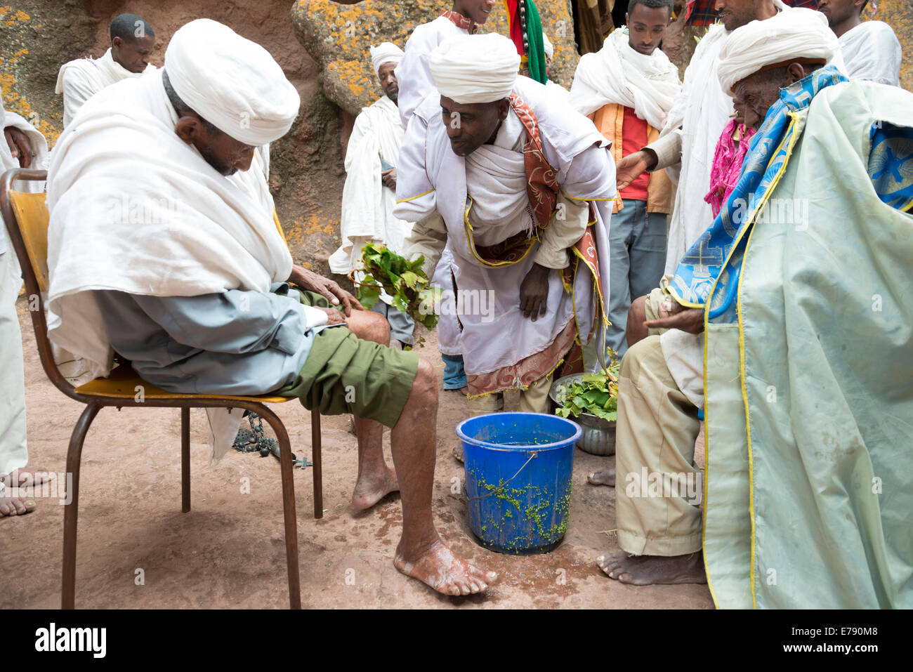 Washing the feet ceremony in the Saint George church in Lalibela Stock ...