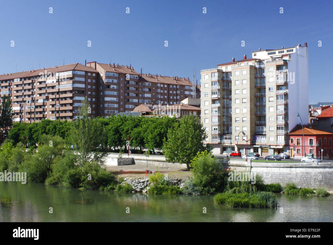 City center of Leon with river, building and bicycle path, Castile and ...