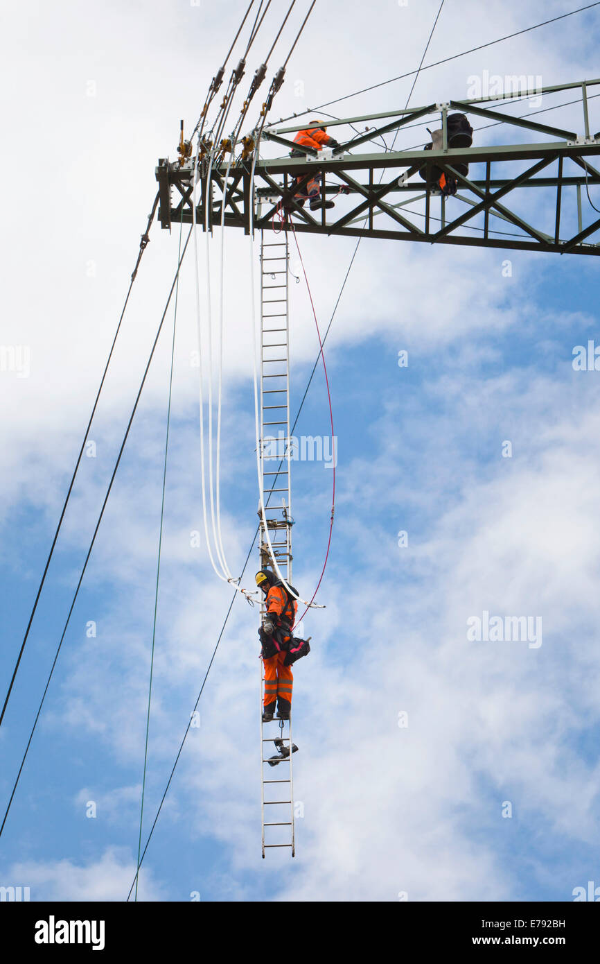 Overhead transmission cable installers installing insulated cable on ...