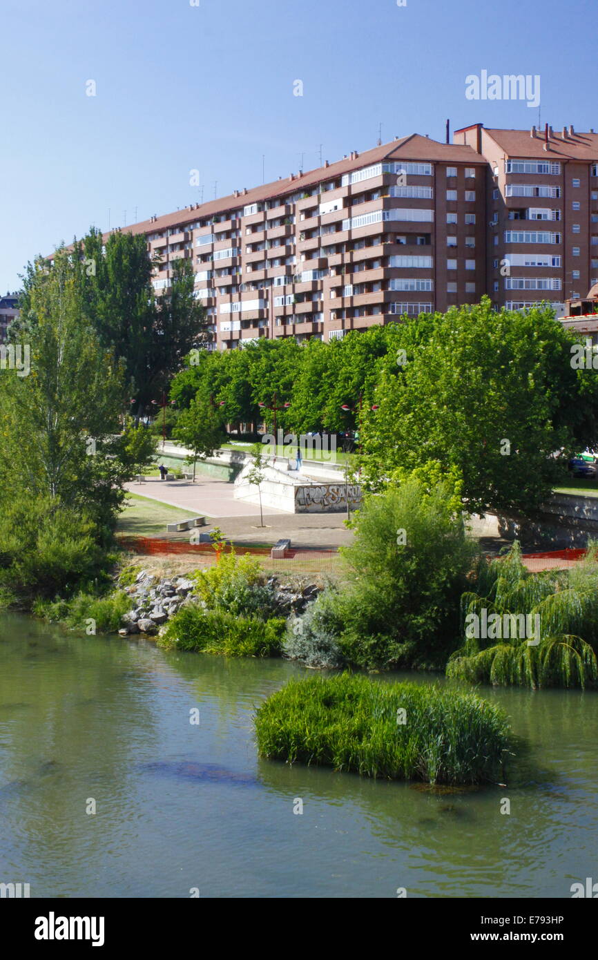 City center of Leon with river, building and bicycle path, Castile and ...