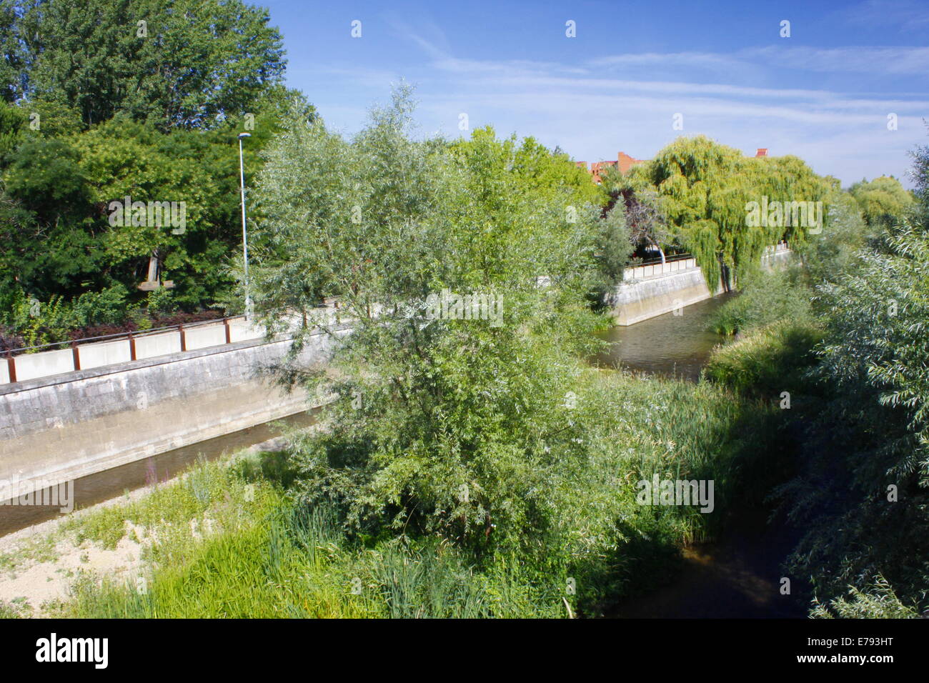 City center of Leon with river, building and bicycle path, Castile and ...
