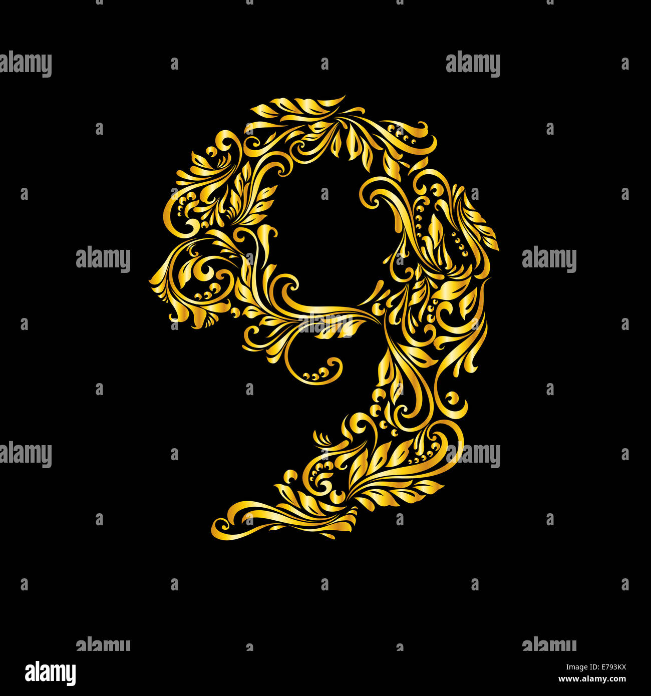 Richly decorated nine digit on black background Stock Photo - Alamy
