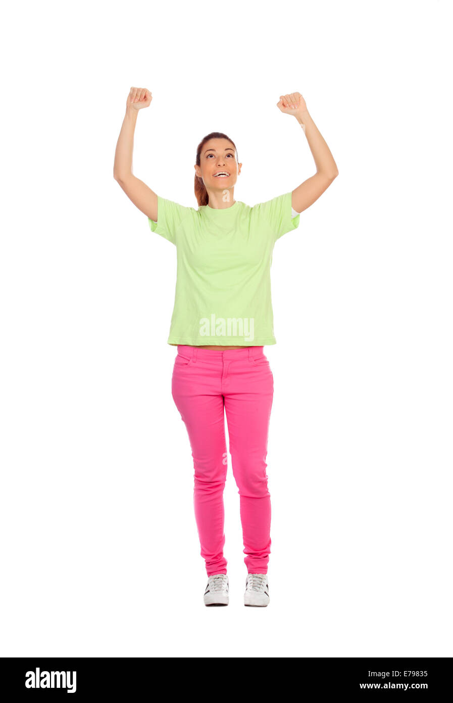 Happy winner girl isolated on a white background Stock Photo - Alamy