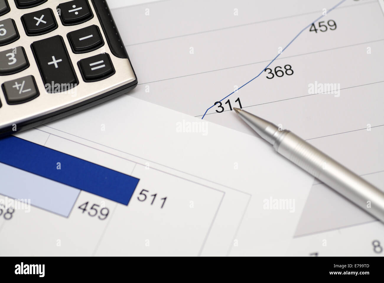 Financial data. Calculator, pen, and financial statements. Close-up ...