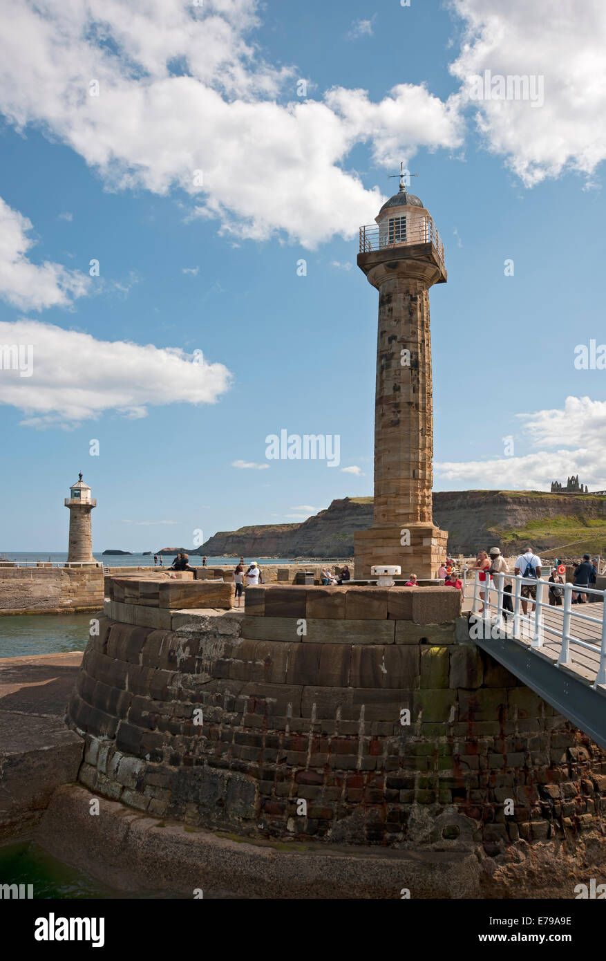 Whitby lighthouse in summer North Yorkshire England UK United Kingdom ...