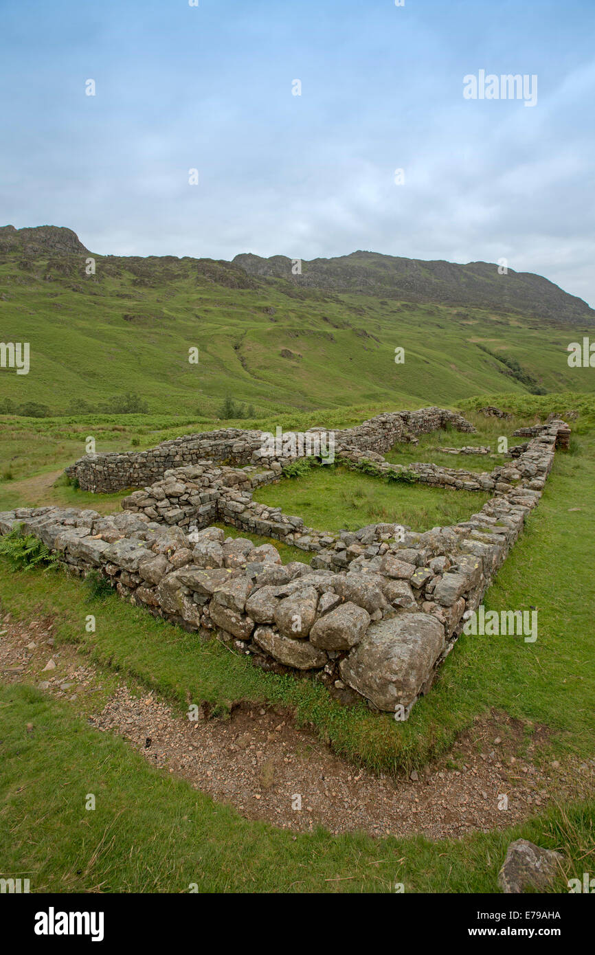 Extensive ruins of ancient Roman fort at Hardknott Pass surrounded by ...