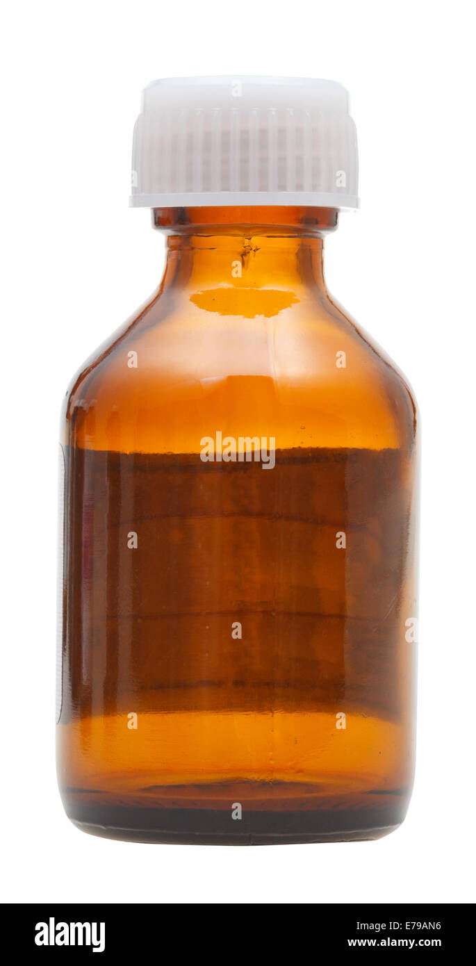 side view of closed brown glass oval pharmacy bottle isolated on white ...