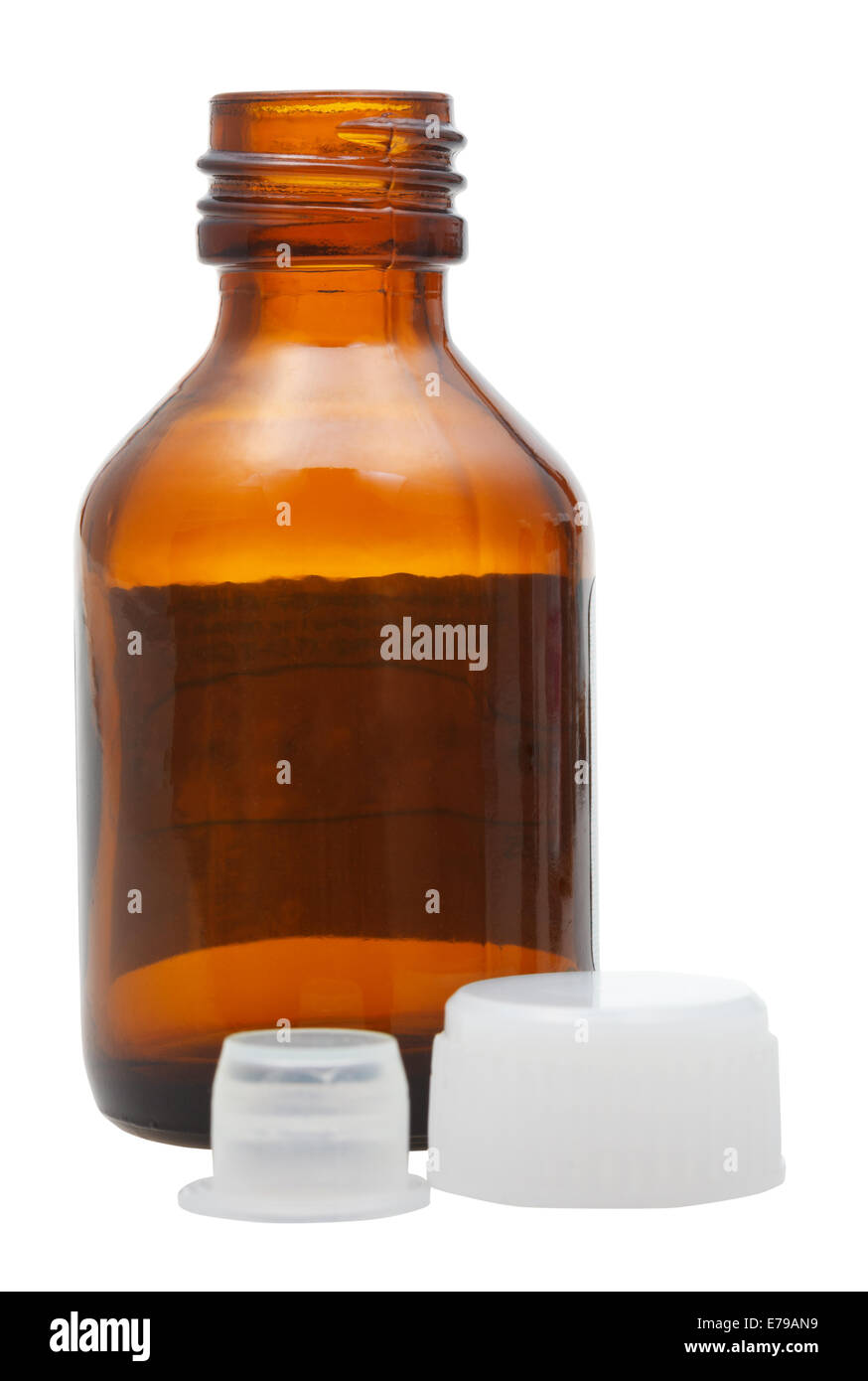 side view of empty brown glass oval pharmacy bottle isolated on white ...