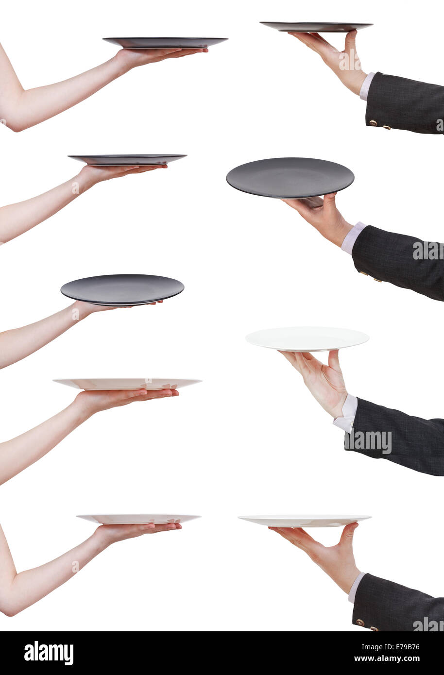 palm with empty flat black plate isolated on white background Stock ...