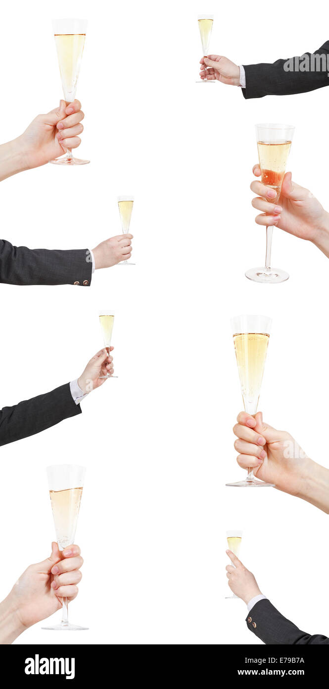 set of raising of champagne glass in hand isolated on white background ...