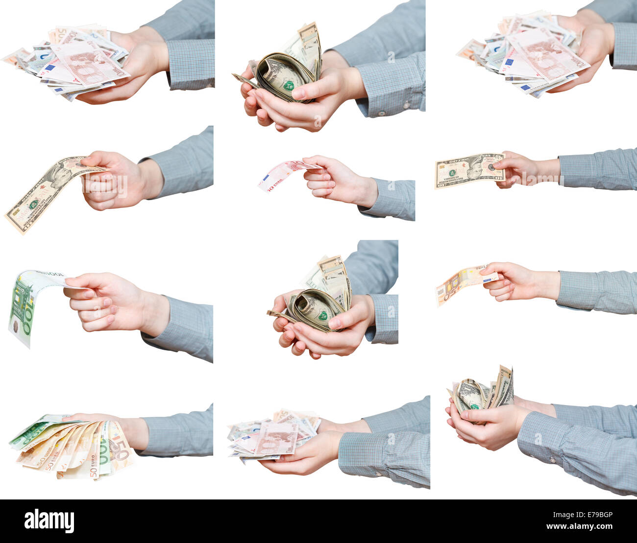 set of banknotes in female hands isolated on white background Stock ...