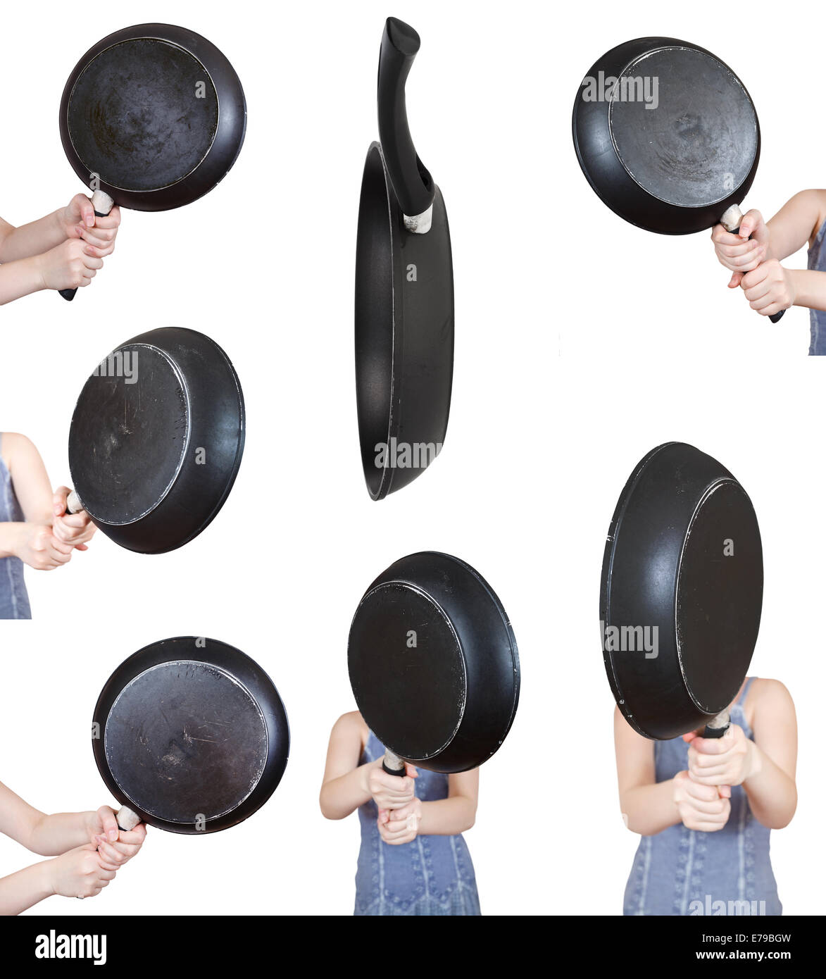 set of woman with frying pan close up isolated on white background ...