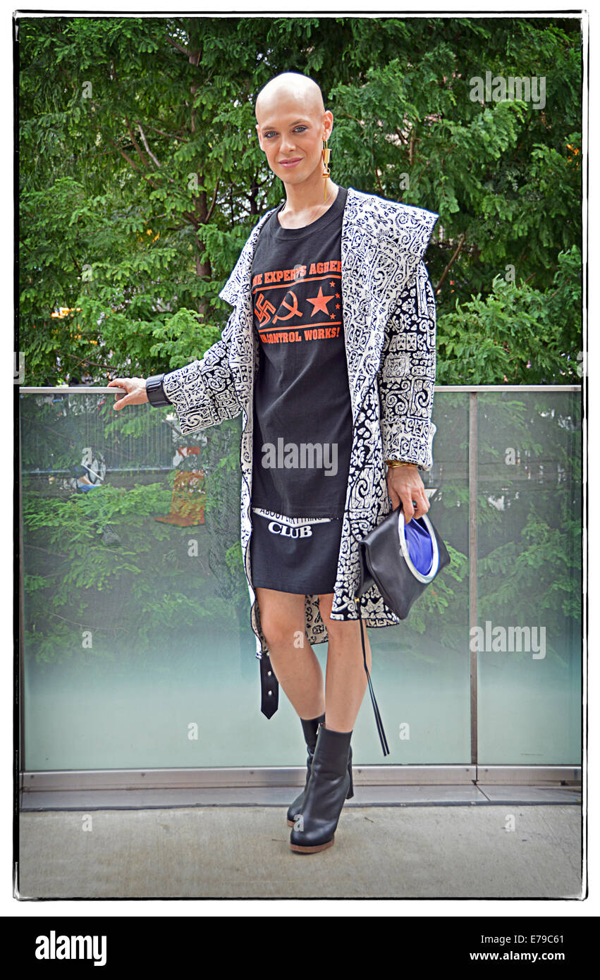 Portrait of a gender ambiguous man in a skirt at Fashion Week 2014 in ...
