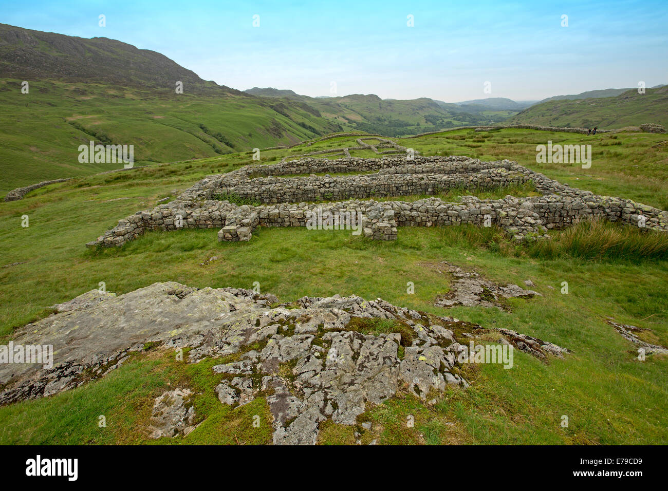 Extensive ruins of ancient Roman fort at Hardknott Pass surrounded by ...