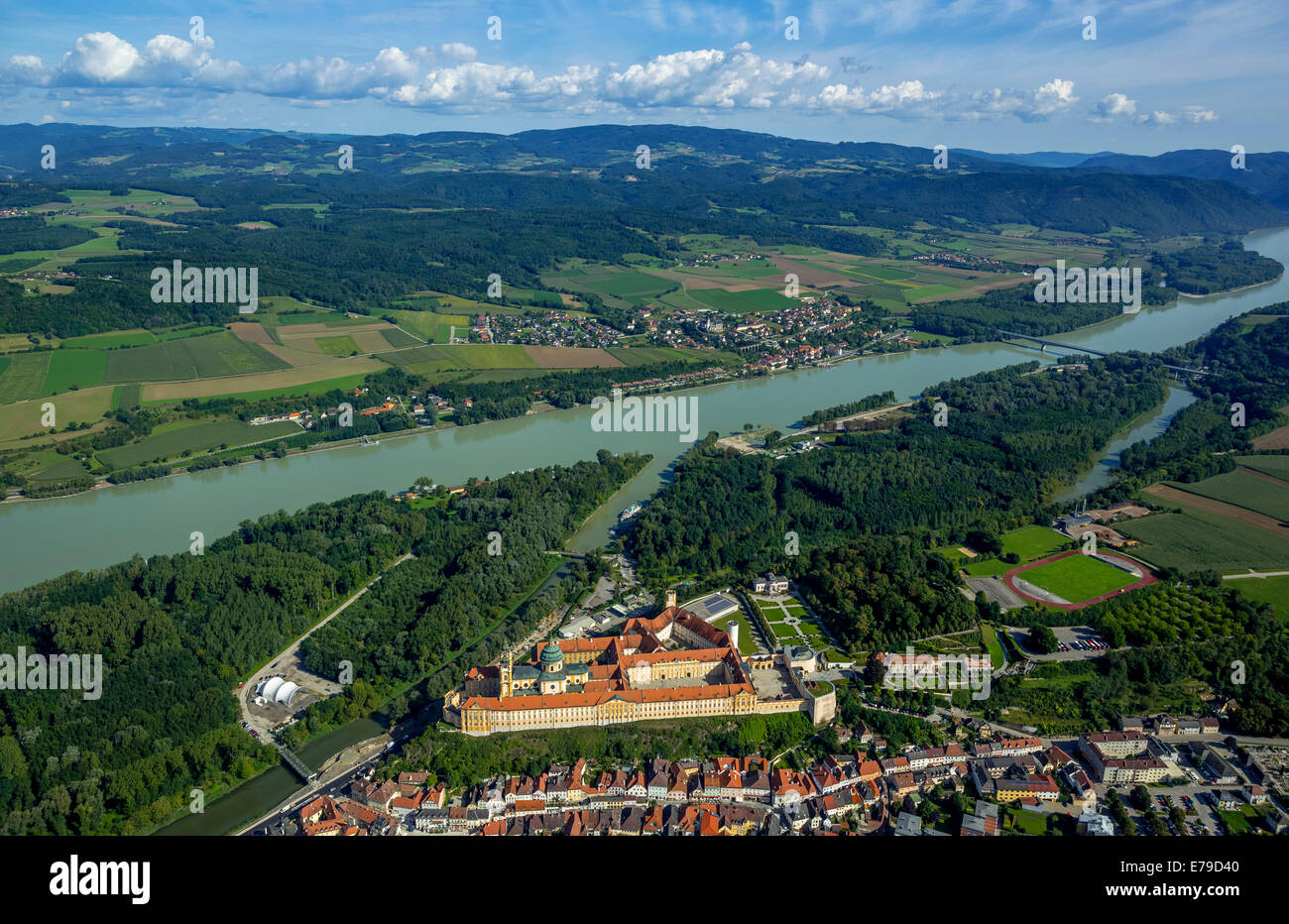 Aerial view, Melk Abbey, Benedictine monastery, Austrian Baroque, Melk ...